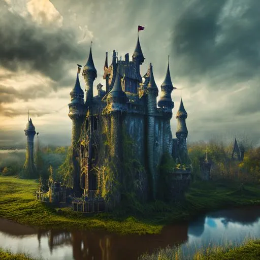 Drone photo of a Fantasy castle in a swamp,Intricate...