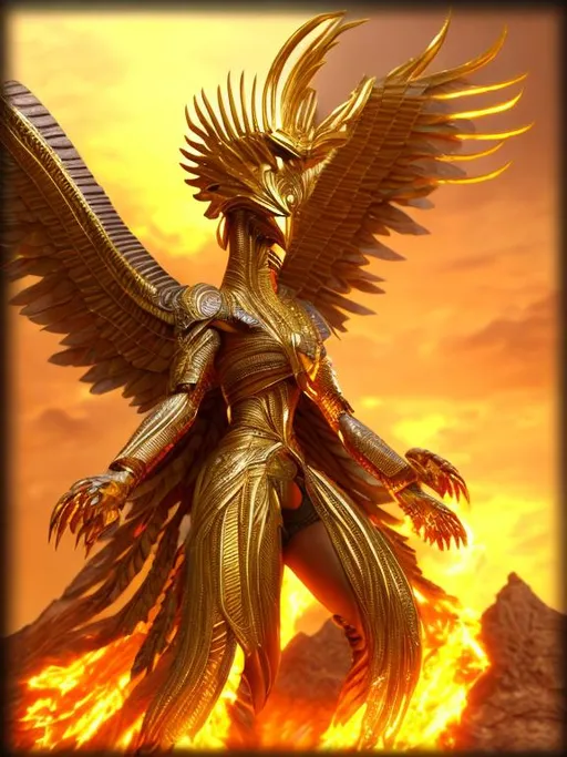 Insane and Beautiful phoenix humanoid, front view, c...