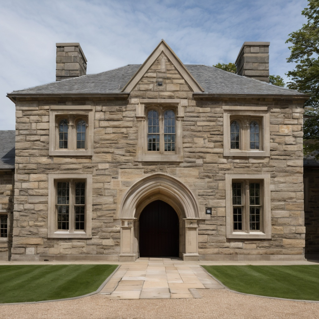 a large stone building with an archway leading to th...