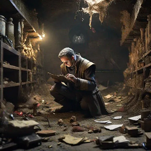 a medieval detective searching for clues in an under...