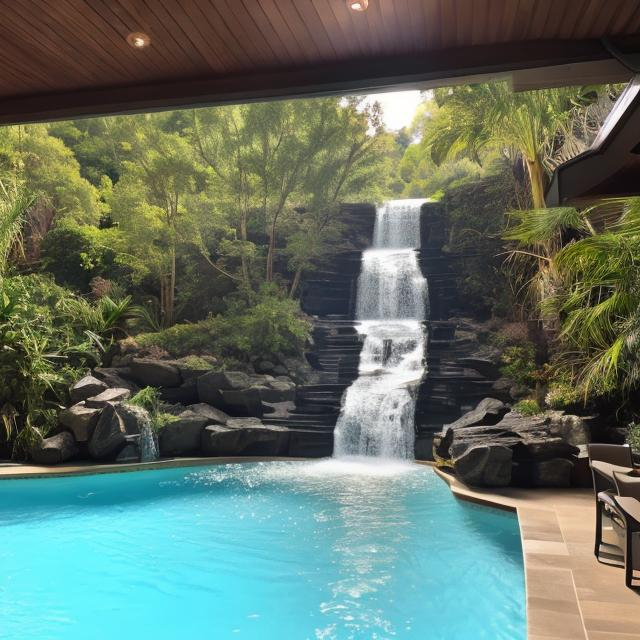 A waterfall viewed from the pool below