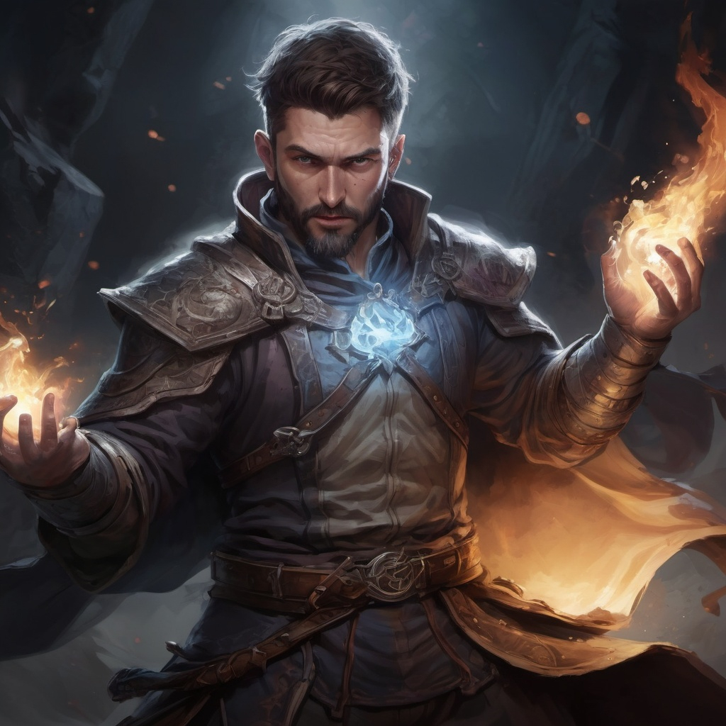 Male stocky large battle-mage with short-cut hair an...