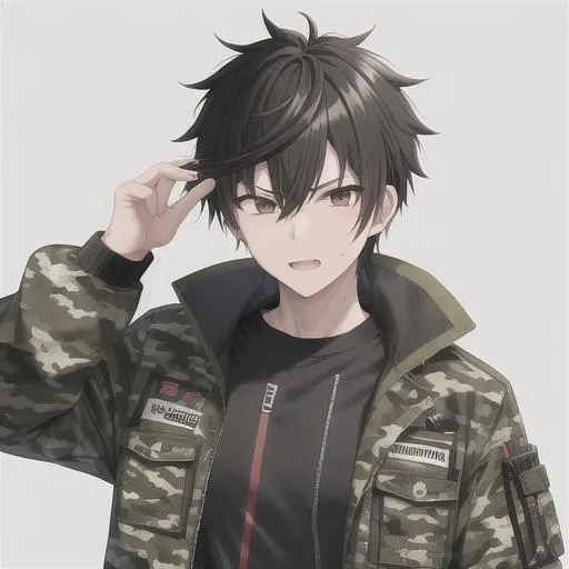 Yuichi 1male. {{Black spiky hair}} Wearing a camoufl... | OpenArt