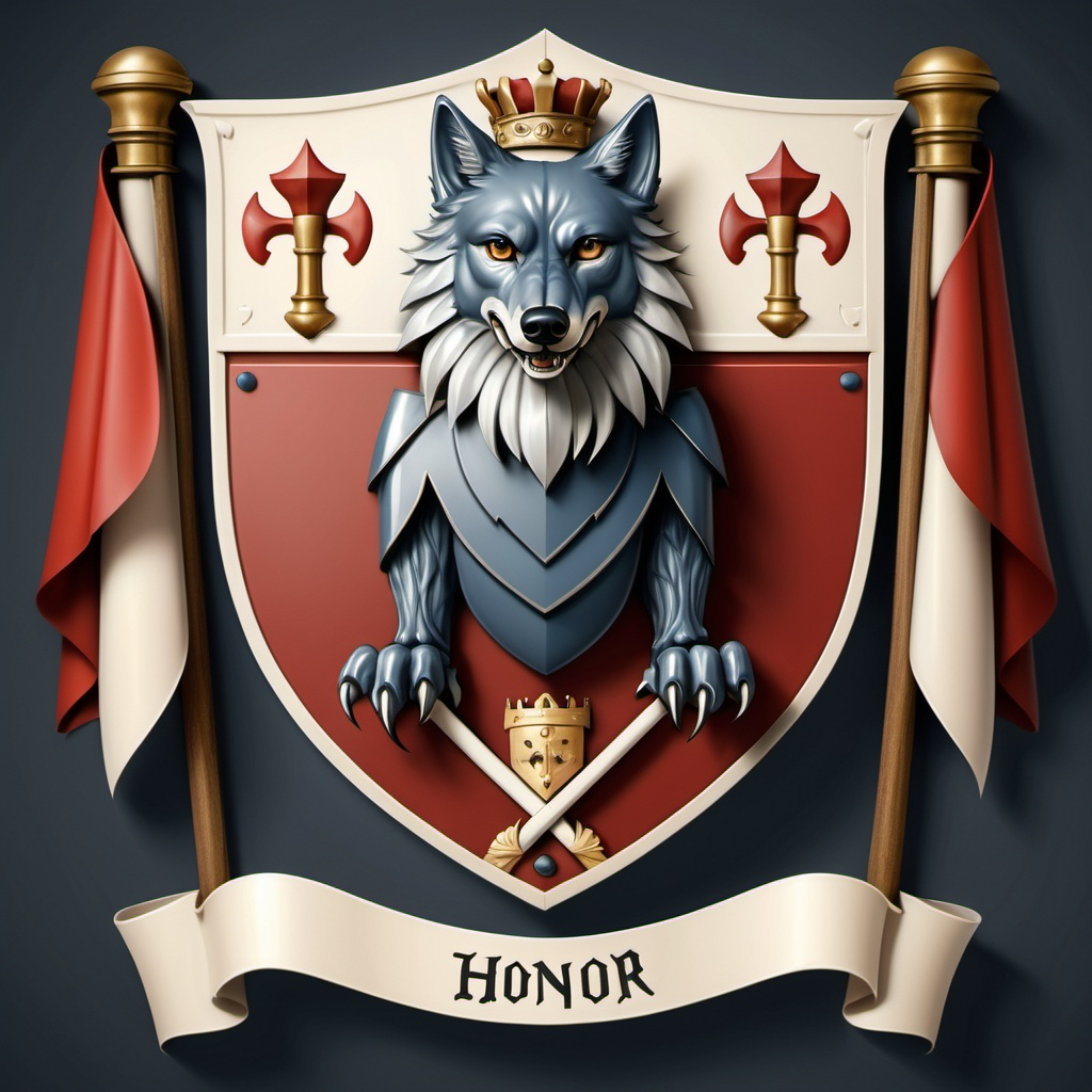 A medieval coat of arms with a wolf . It has the sup...