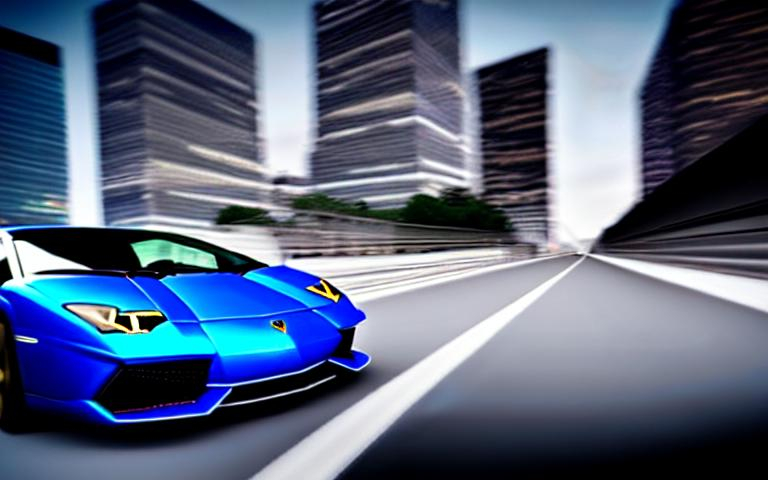 Panning of high speed blue Lamborghini, with blue fi...