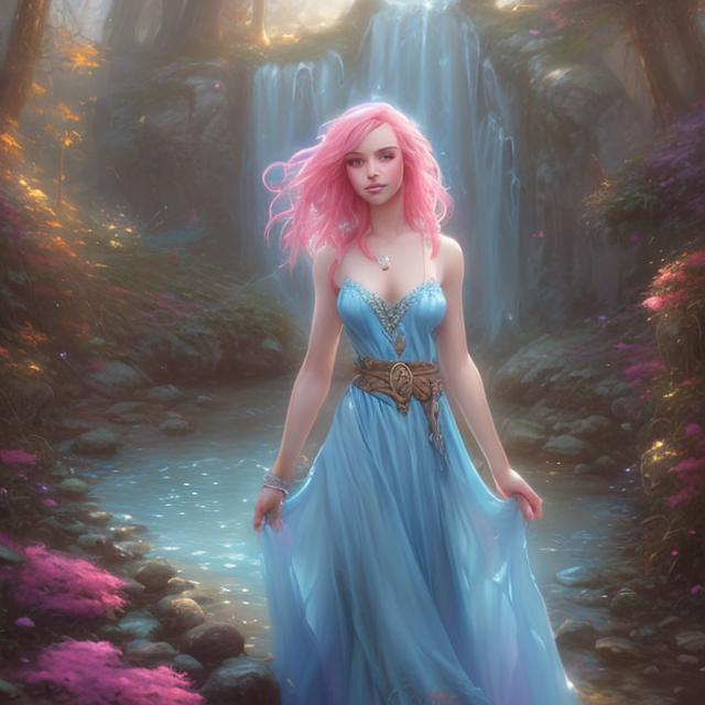 beautiful woman in long blue dress, pink hair, stand... | OpenArt