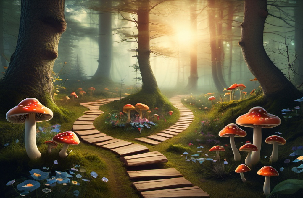 A forest dreamscape with a winding path, sunrise. a...