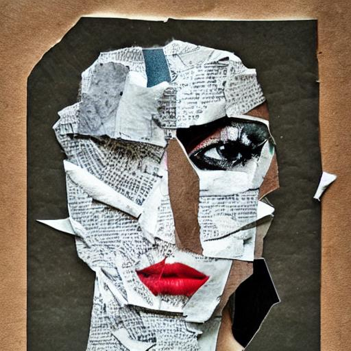 torn paper collage portrait of a woman, some pieces...