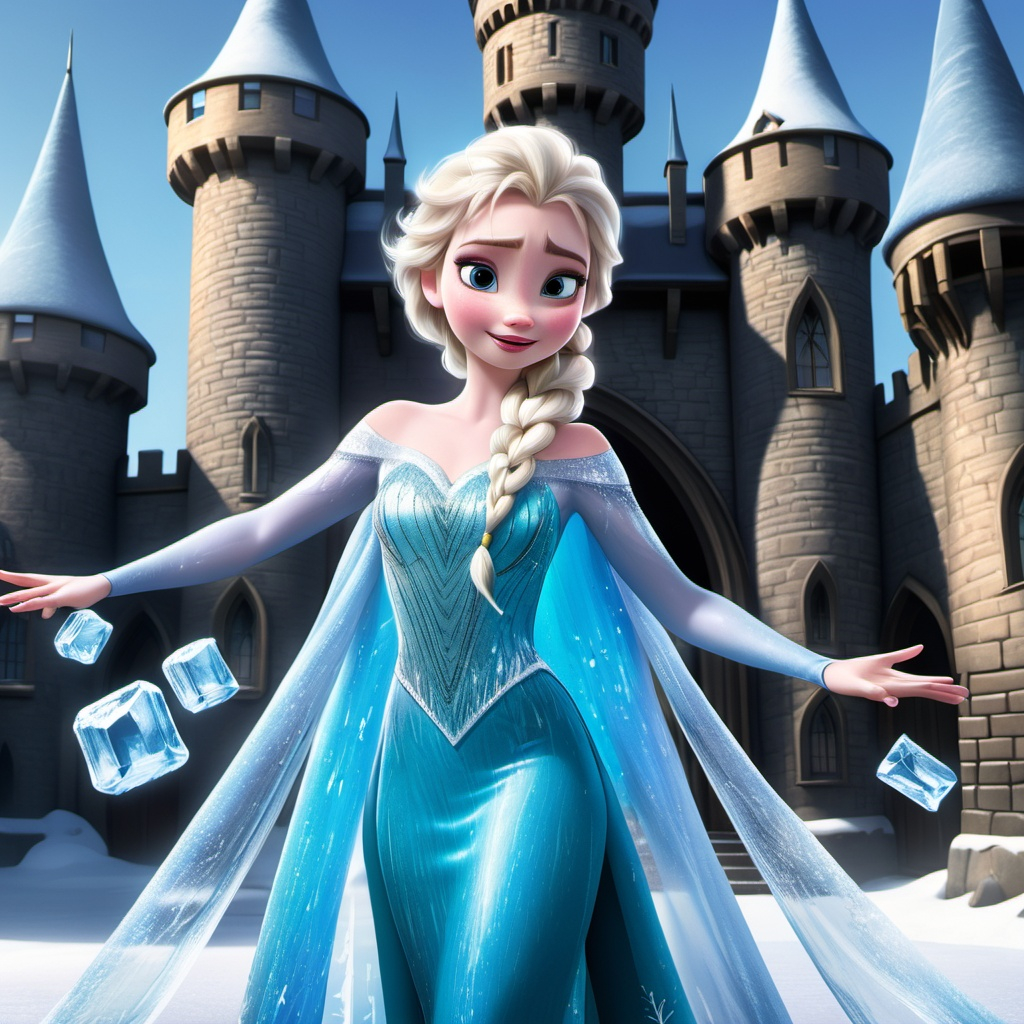 Queen Elsa outside the castle, showing off her ice p...