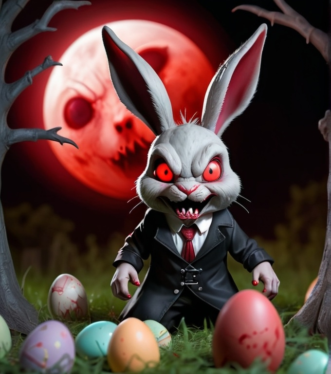 Demonic gothic bunny with blood red eyes and a menac...