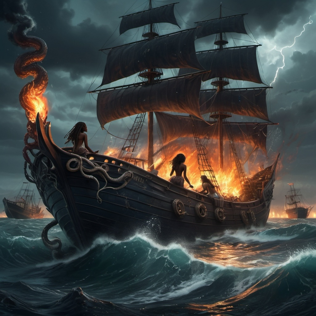 Black mermaids in the water. pirate ship on fire and...