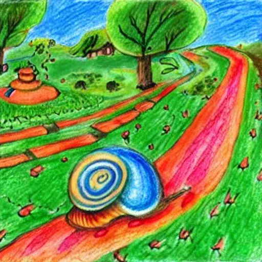a colorful drawing of a snail, on a path, to a villa...