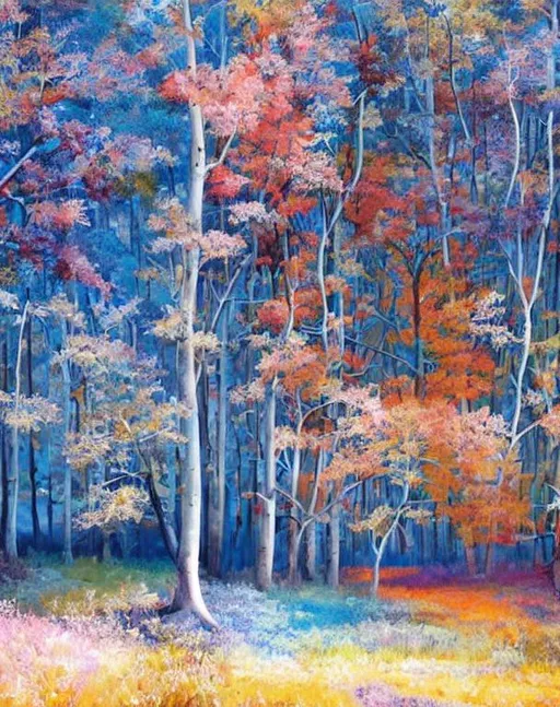muted colors forest, dreamy, each tree is different... | OpenArt