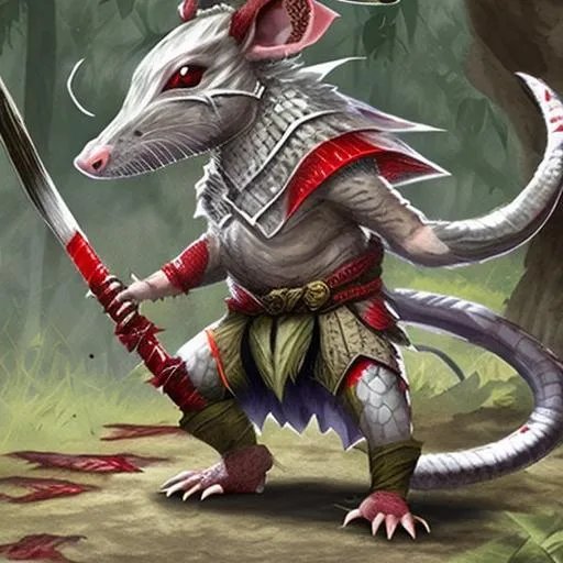 A four-legged rat warrior with reptile scales, weari...