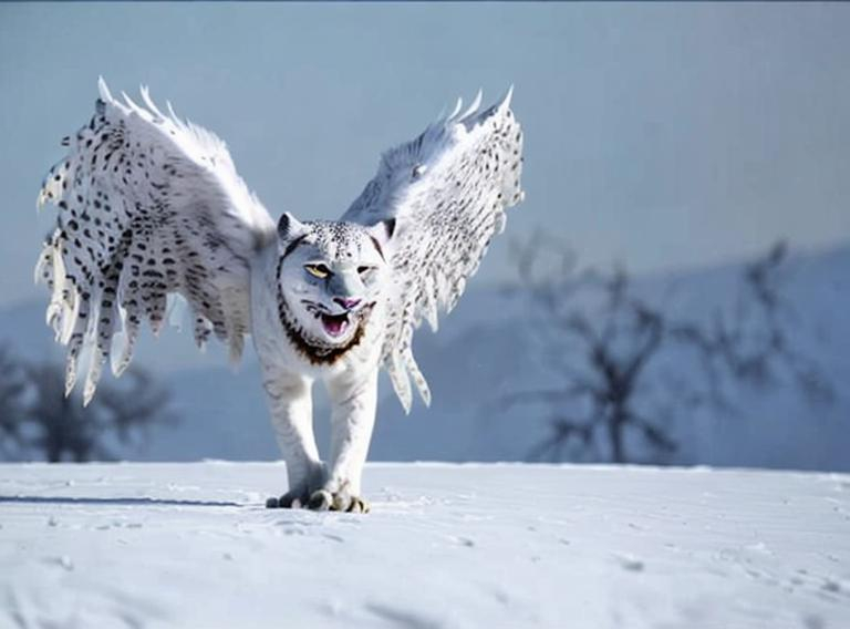 a photo of a white panther with two owl wings.