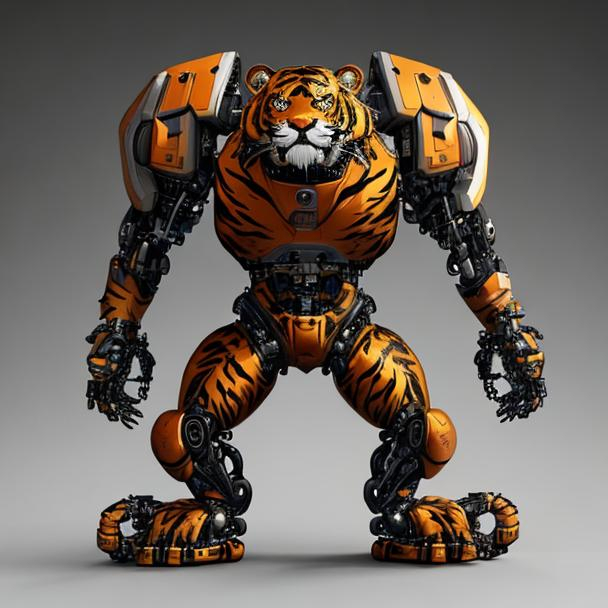 A full body 3d art of a cyborg tiger cub with cute e...