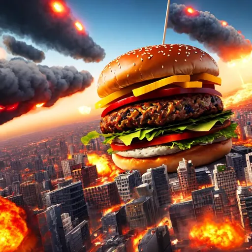 Giant burger destroying a city, fighter planes, expl...