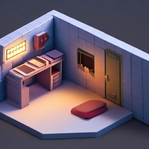 Tiny cute isometric study room in a cutaway box, cyb...