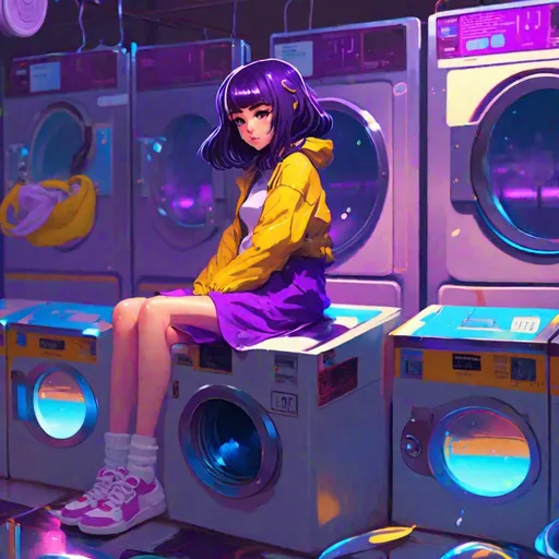 "A girl sitting on top of a washing machine in a lau...