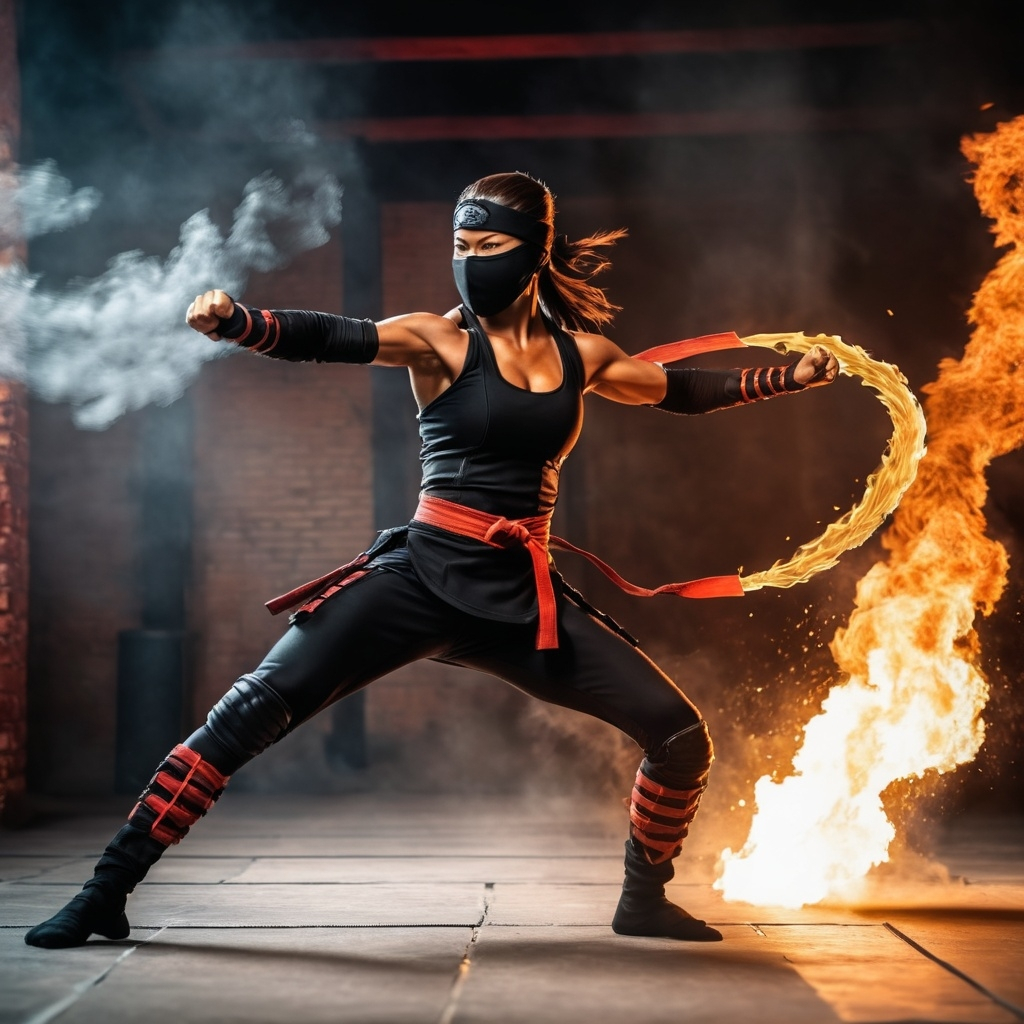 Gorgeous muscular female ninja doing a flying back-k...