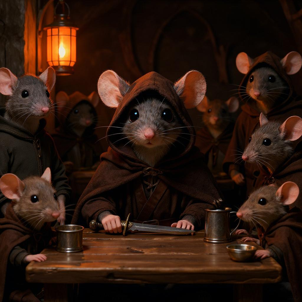 Mouse wearing a cloak and hood and sitting at a tabl...