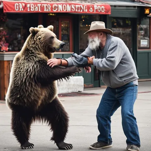 grizzly bear fighting old homeless man in restaurant