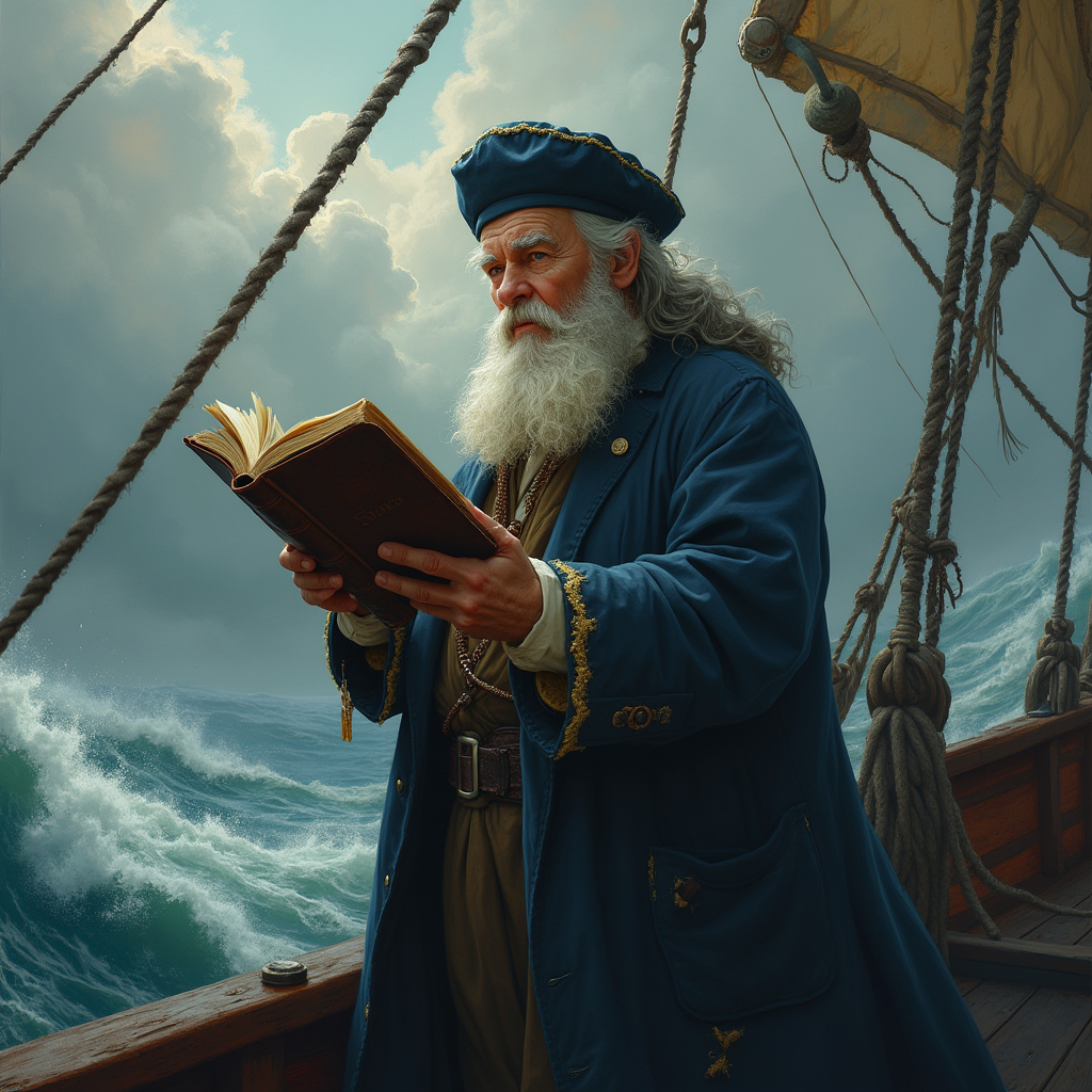 an old sea captain on a ship in a roaring storm hold...