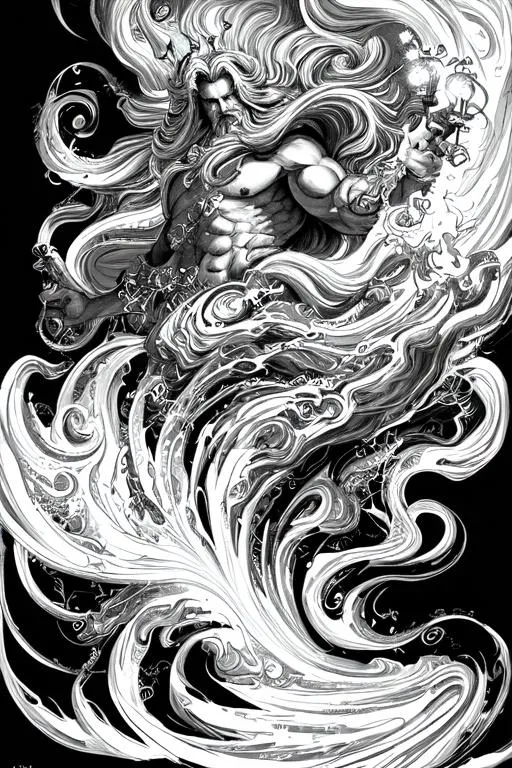 a vector detalied swirls, angry zeus holding lightin...