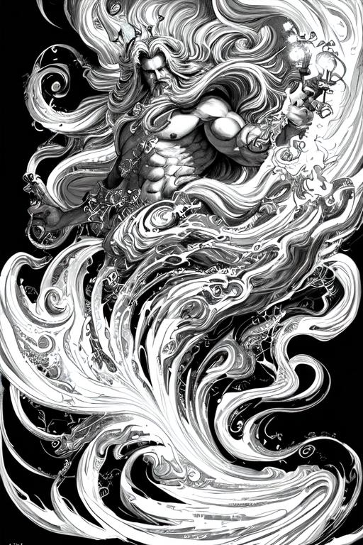 a vector detalied swirls, angry zeus holding lightin...