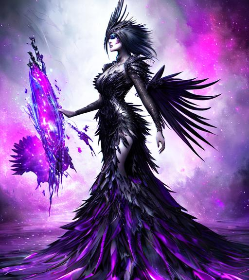 splash art of a {raven queen}, wearing {galaxy} {dre...