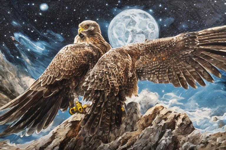 A Hawk is flying in front of the moon. Nomad Mongol... | OpenArt