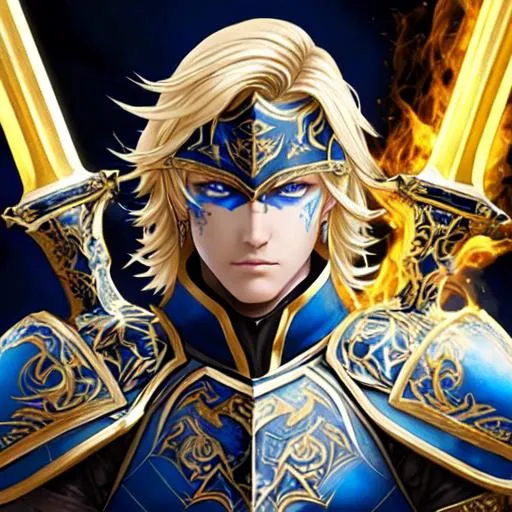 black and blue and gold ornate armour with cape vali...