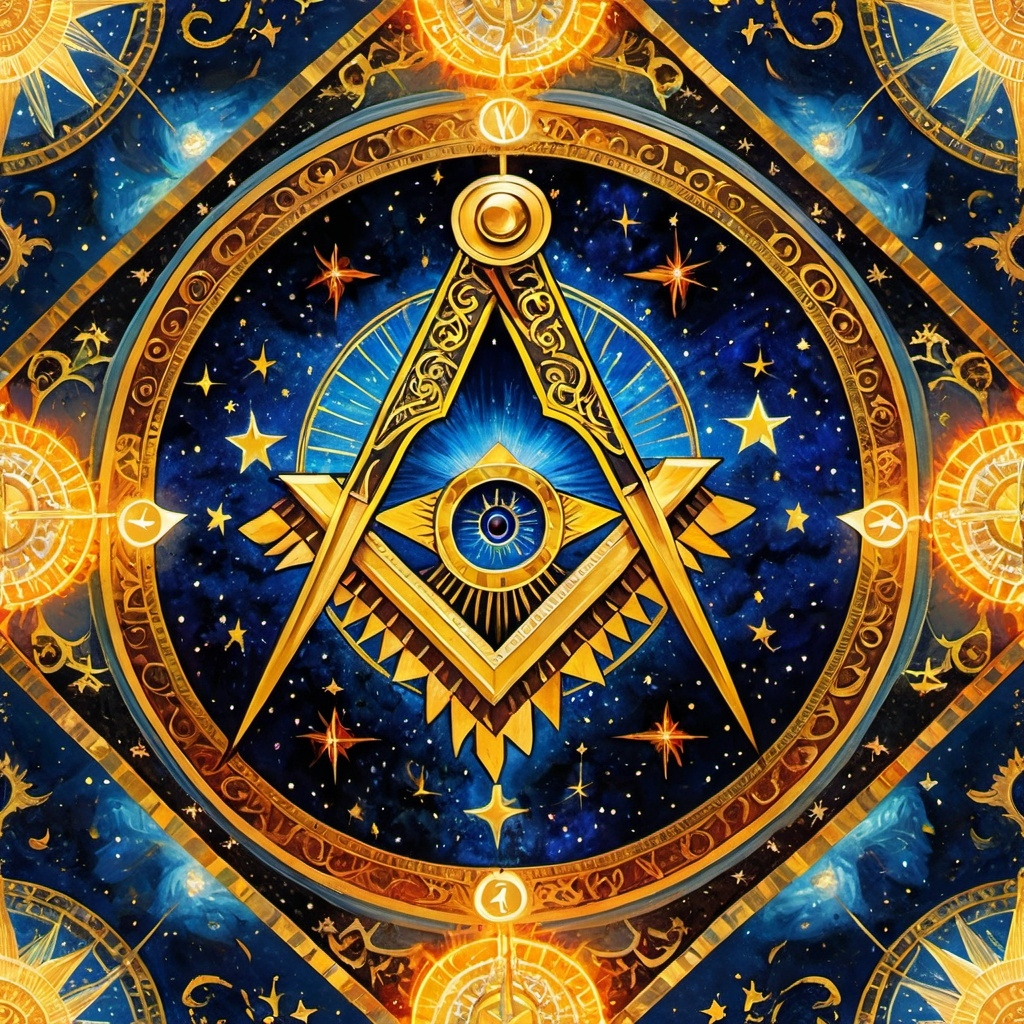 Masonic Square and compasses ablaze, celestial Van G...