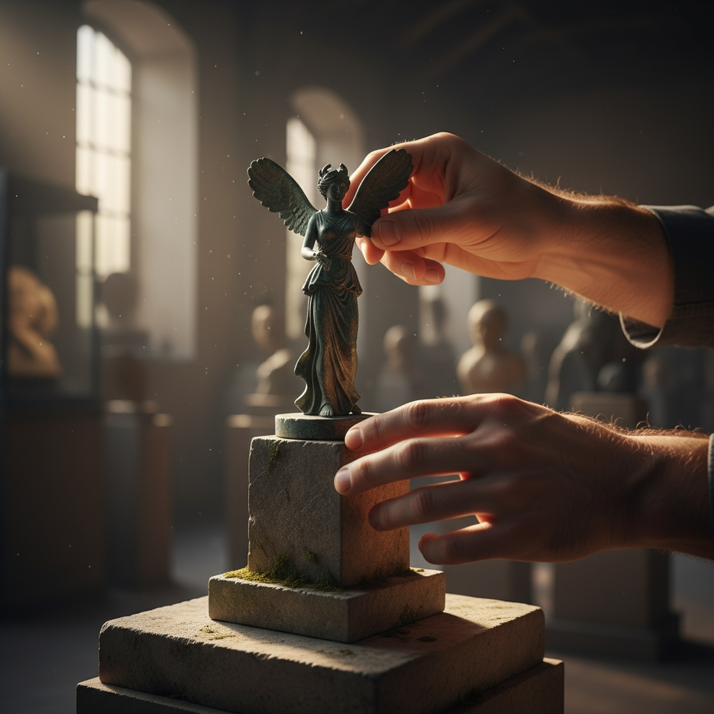 "There are two hands lifting the statue while turnin...