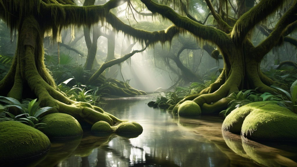 Photorealistic mystical swamp, enveloped in heavy, l...
