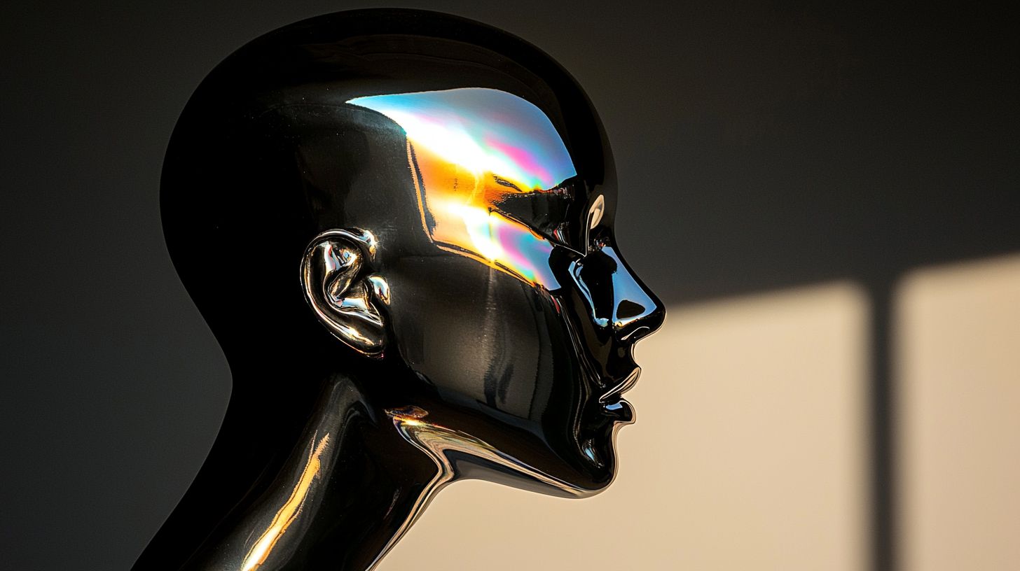 close up metallic head in mirror box with swirling r...