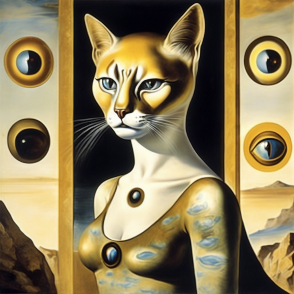 Cat goddess, wearing a dress made of animal eyes, in...