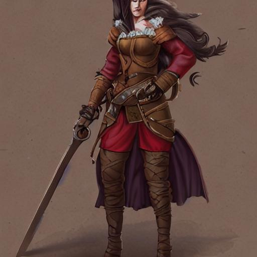female rogue with long brown hair wearing red musket... | OpenArt