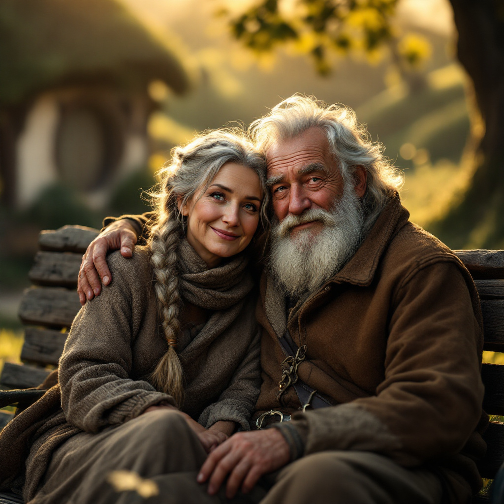 two older eighty year old hobbit couple sitting on a...