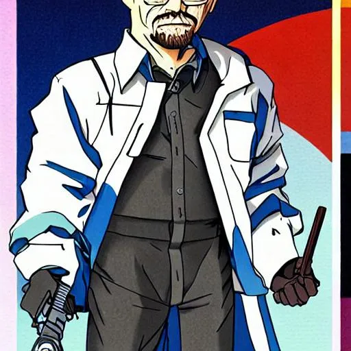 walter white in lab suit with a gun 90s anime style | OpenArt