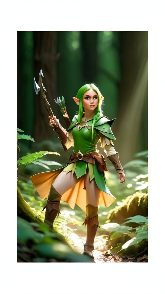 Elf ranger in a mystical forest around sunlight