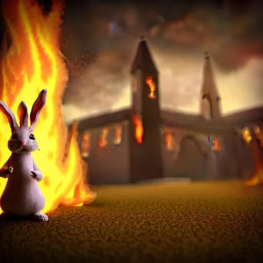 long shot, rabbit setting church on fire, cute, dar... | OpenArt