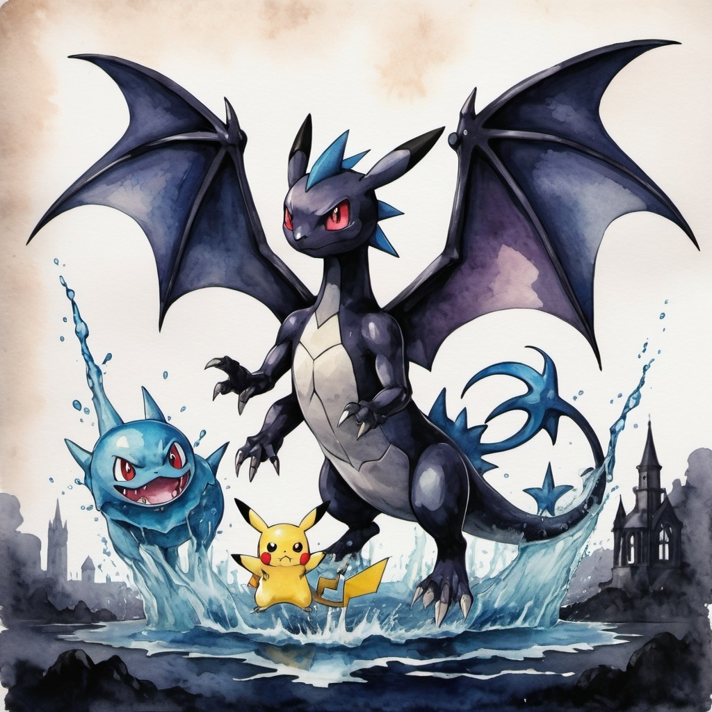 A water colour painting in gothic style of Pokémon
