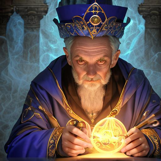 wise old magician in royal blue robes, in a secret a... | OpenArt