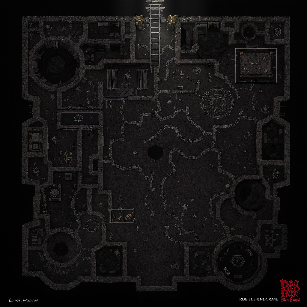 A Dnd map with dark, labyrinthine dungeon filled wit...