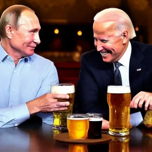 Vladimir Putin and Joe Biden having a beer while lau... | OpenArt
