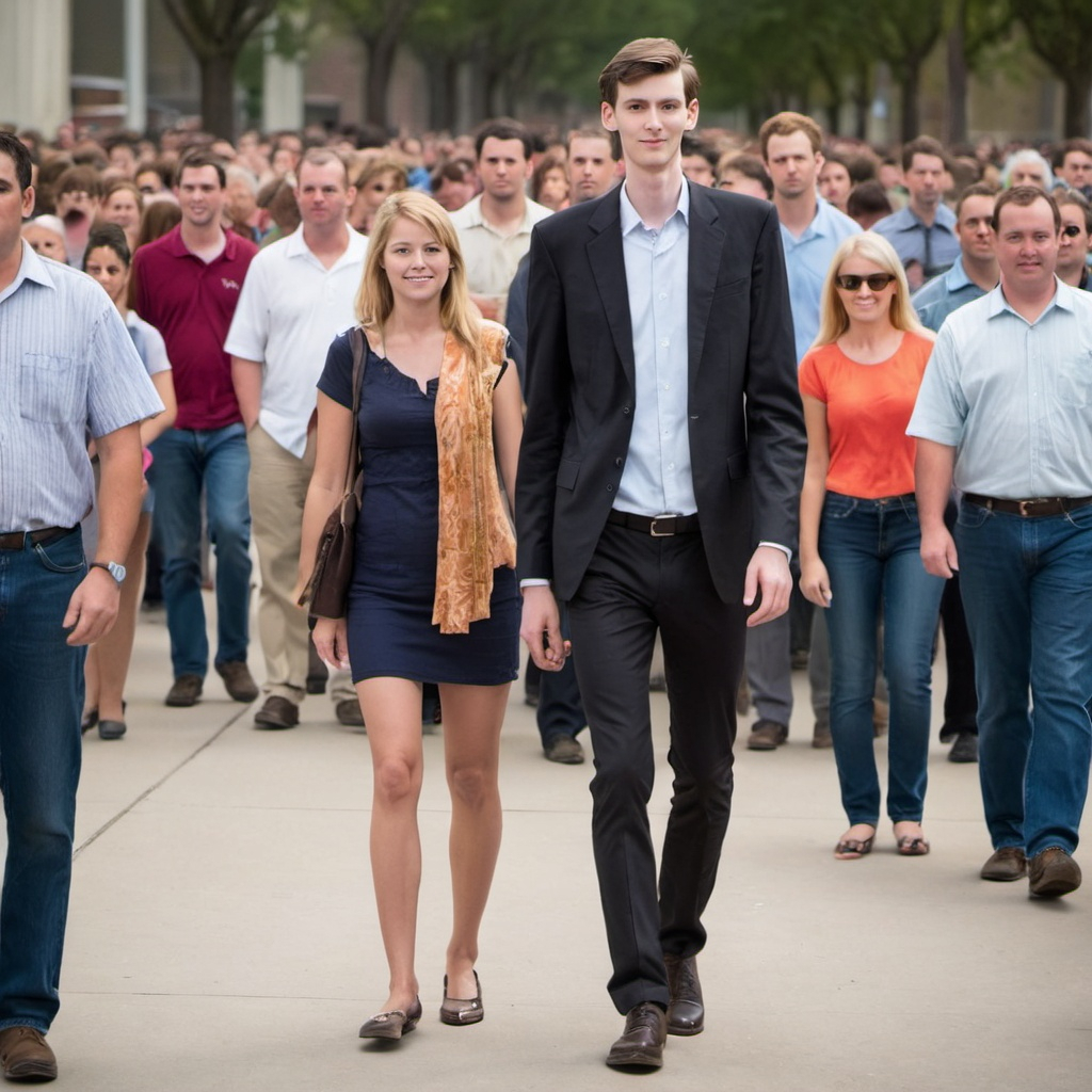 A very tall young man walks among people much shorte...