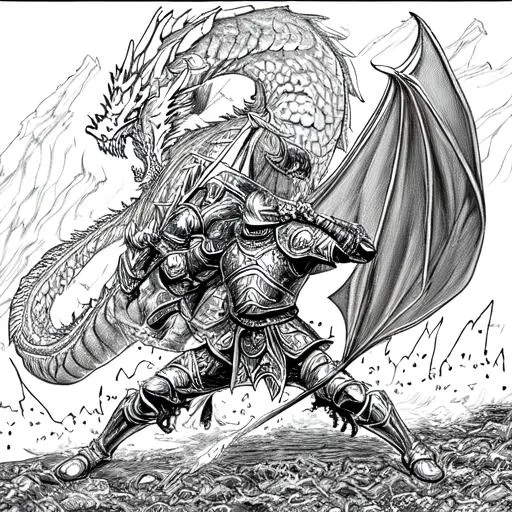 black and white coloring page of a knight fighting a... | OpenArt