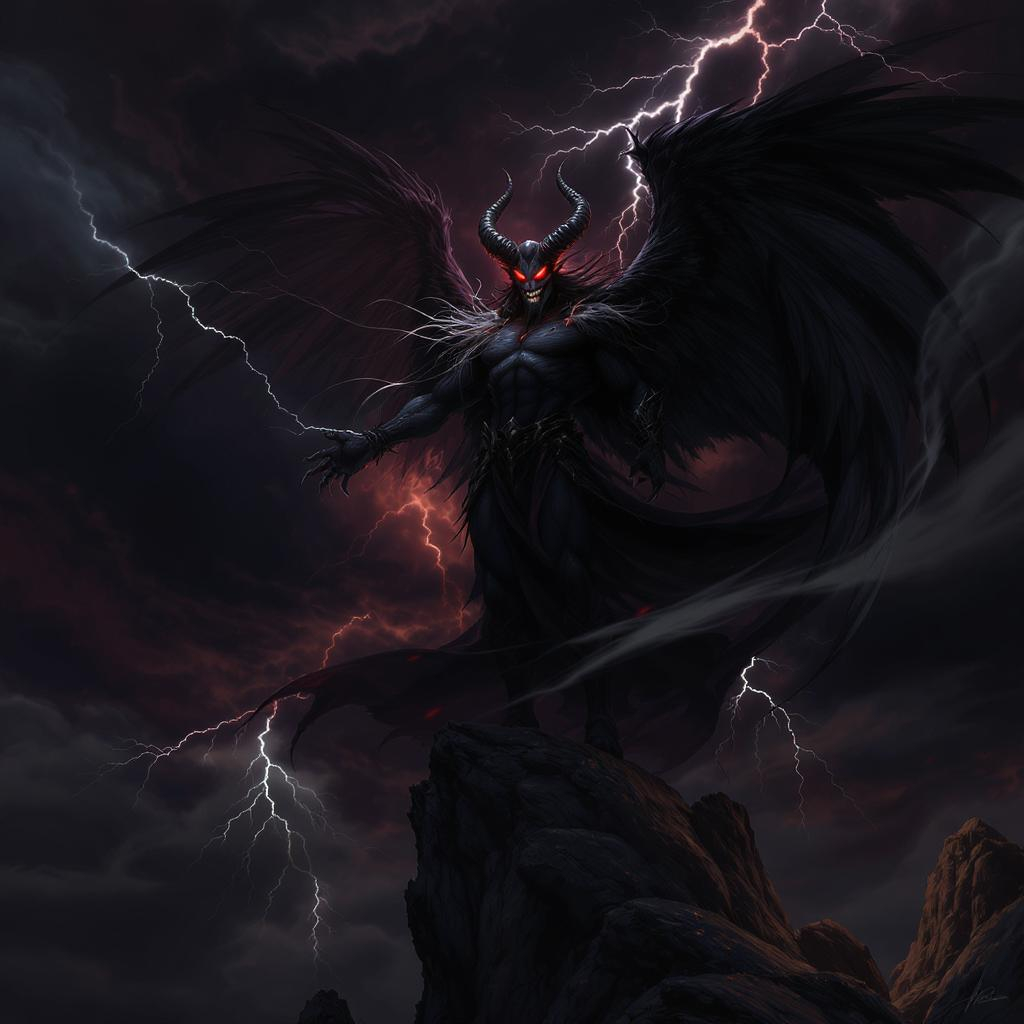 Visualize Lucifer as a striking figure, standing ato...
