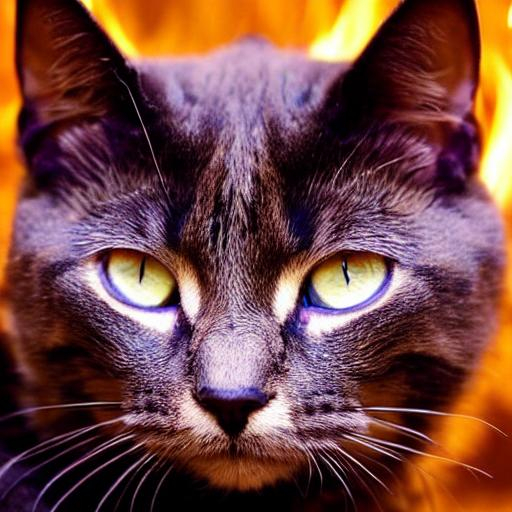 cat, purple, blue eyes, fire, flames, beautiful | OpenArt